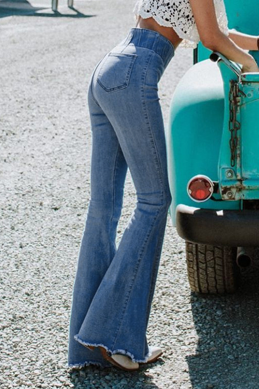 FZ Women's Elastic Waist Blue Bell Bottom Denim Pants - FZwear